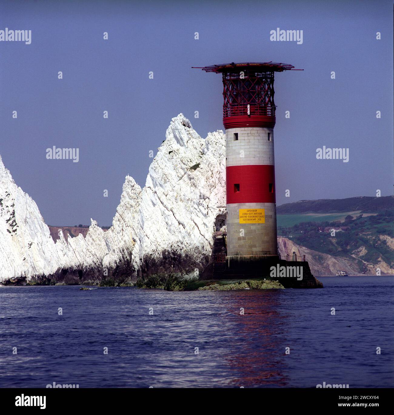 The Needles lighthouse seen from the water, Needles, Isle of Wight ...