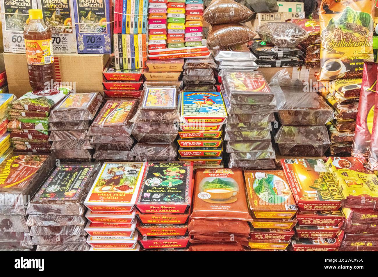A shop selling chocolate and cacao bars in San Pedro mercado market in ...