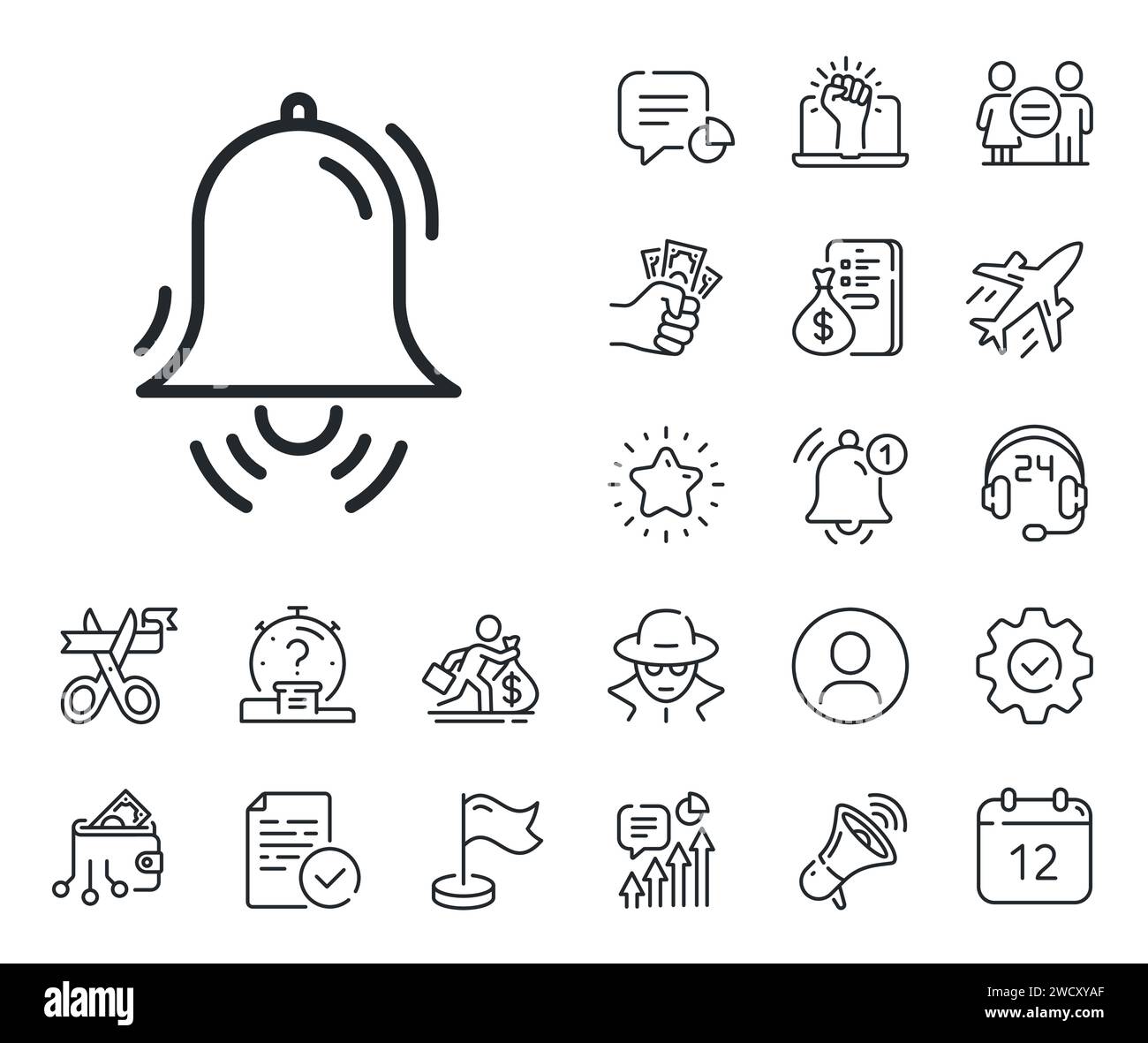 Clock bell line icon. Alarm sign. Salaryman, gender equality and alert ...