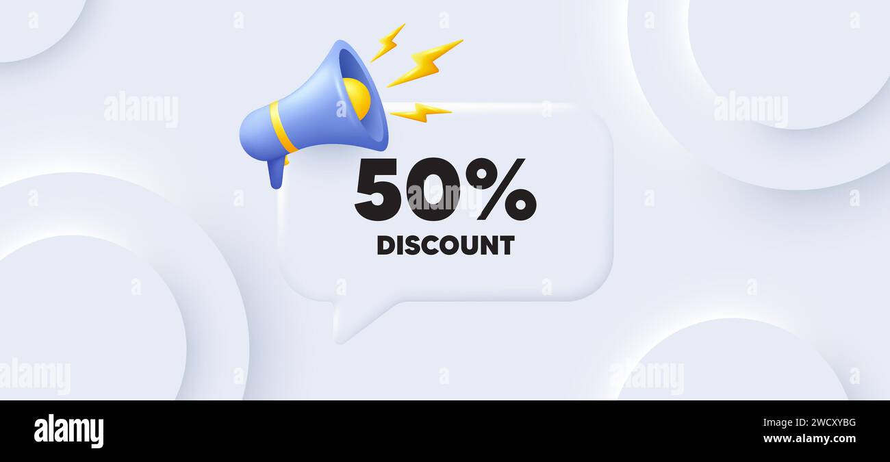 50 percent discount. Sale offer price sign. Neumorphic background ...