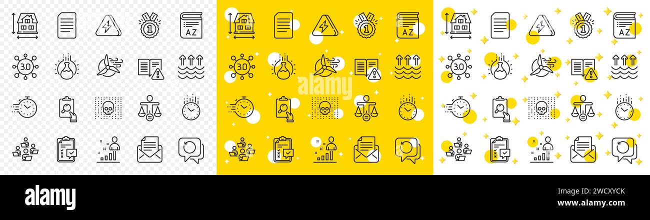 Outline Recovery data, Mail correspondence and Chemistry experiment line icons. For web app ...