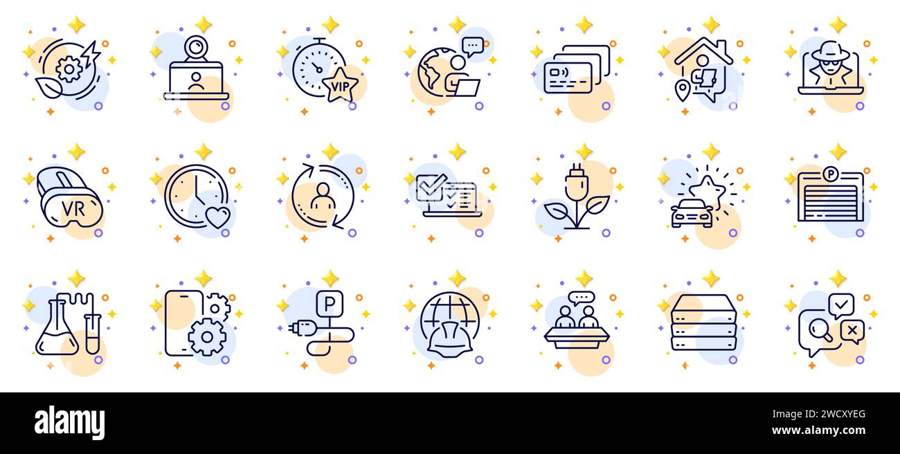 Outline set of Video conference, Vip timer and Fraud line icons for web app. Pictogram icon ...