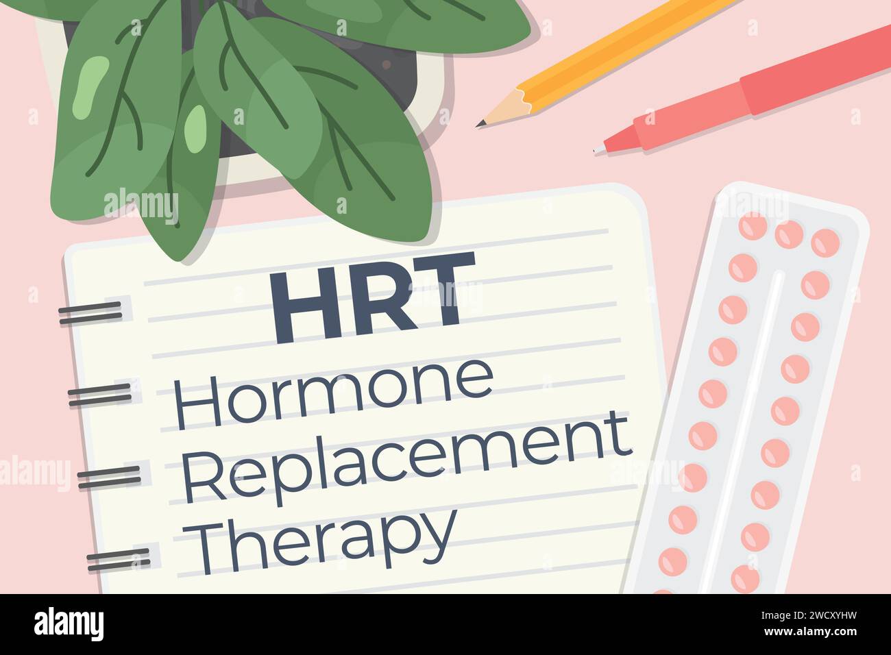 HRT Hormone Replacement Therapy written on spiral notebook, flat lay composition- vector ...