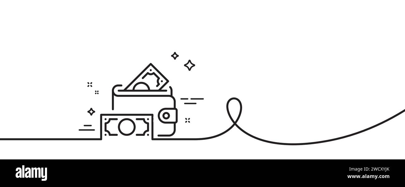 Money wallet line icon. Cash banknotes sign. Continuous line with curl ...
