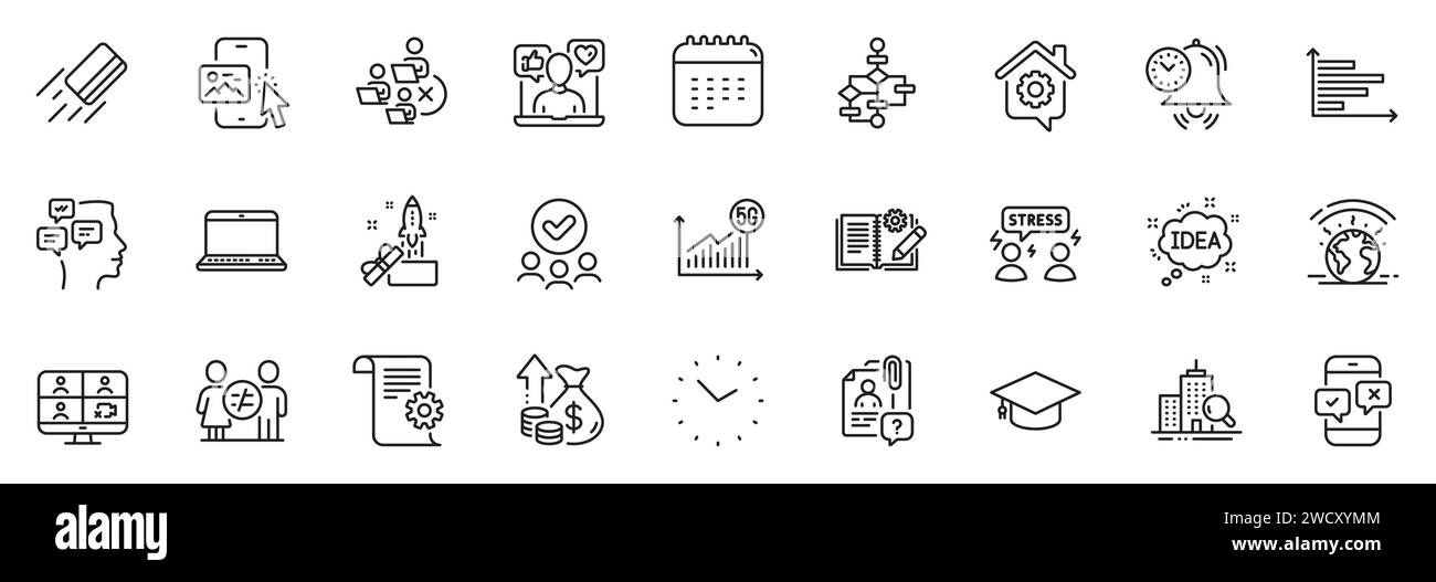 Icons pack as Calendar, Difficult stress and Social media line icons. For web app. Vector Stock ...