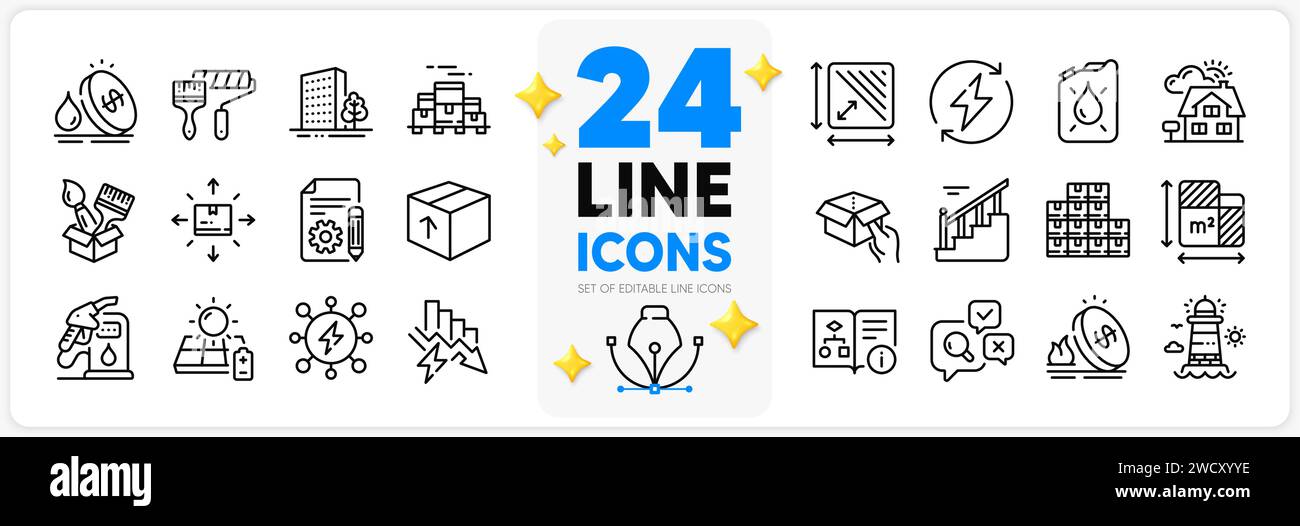 Icons Set Of Cardboard Box Boxes Pallet And Technical Algorithm Line Icons For Web App Vector