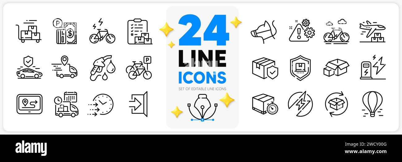 Icons set of Warning, Petrol station and Delivery time line icons. For web app. Vector Stock ...