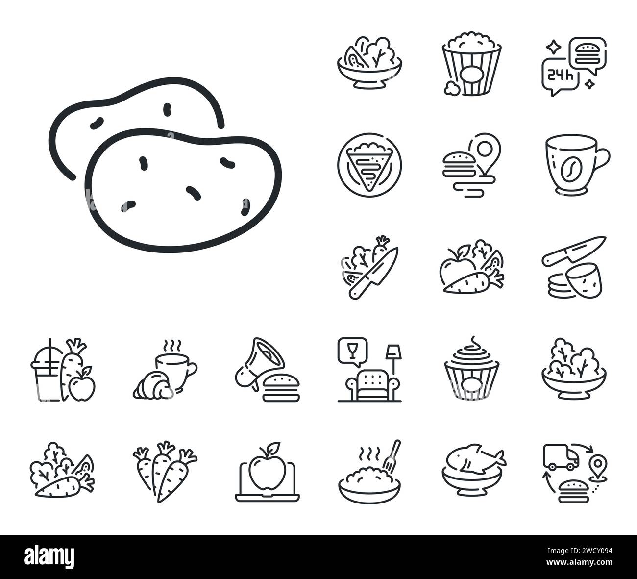 Potato line icon. Vegetable food sign. Crepe, sweet popcorn and salad ...