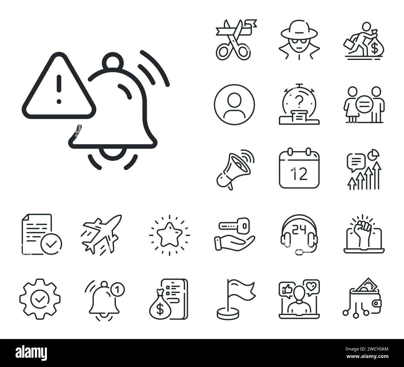 Attention bell line icon. Alarm reminder sign. Salaryman, gender ...