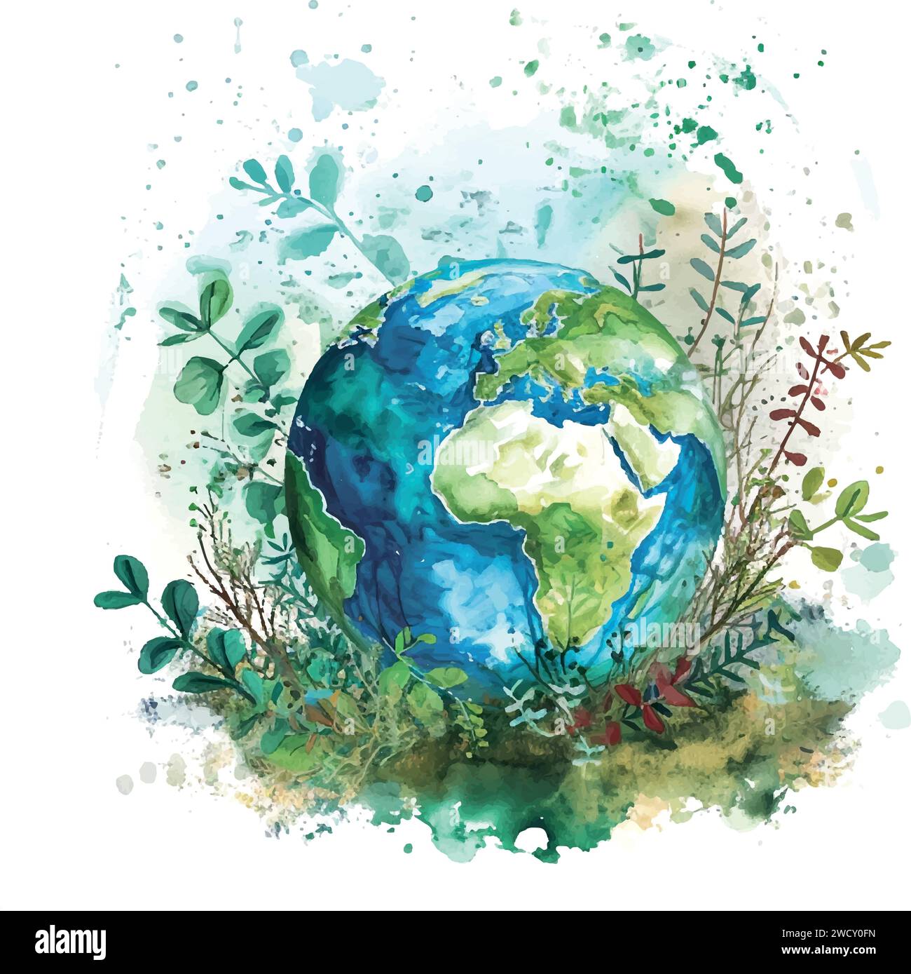 earth day cartoon style watercolor illustration on white Stock Vector ...