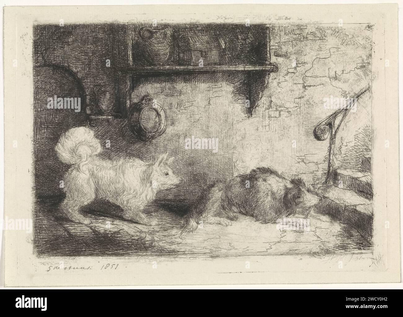 Two dogs, Jan Karel Jacob de Jonge, 1851 print Interior with household ...