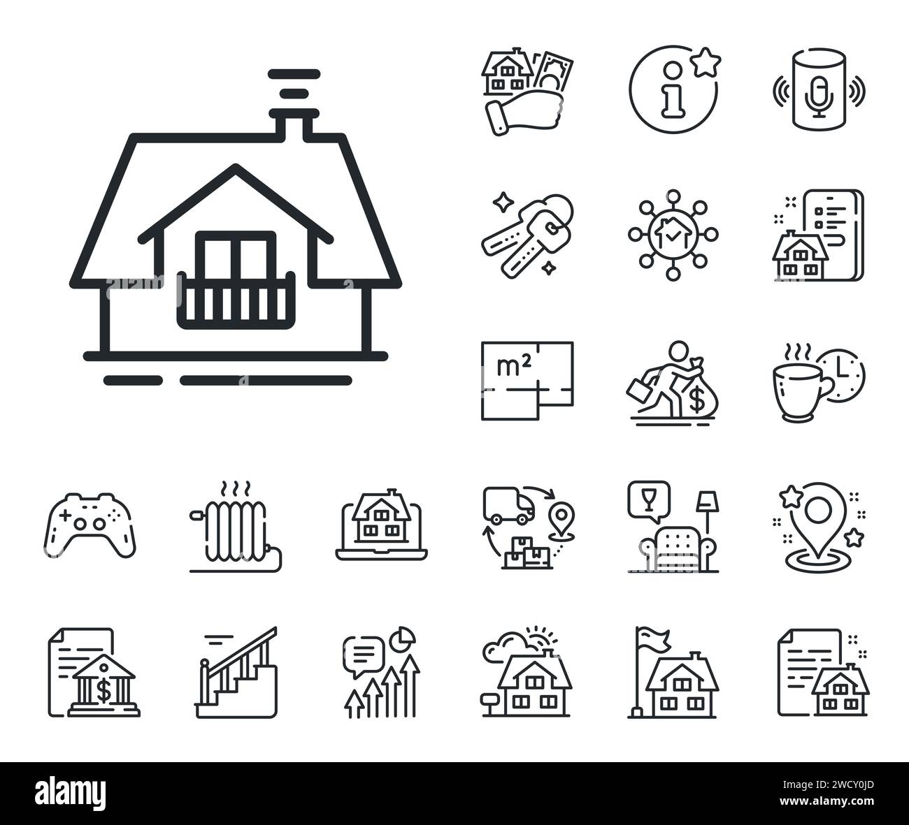 Balcony line icon. Building balconet sign. Floor plan, stairs and ...