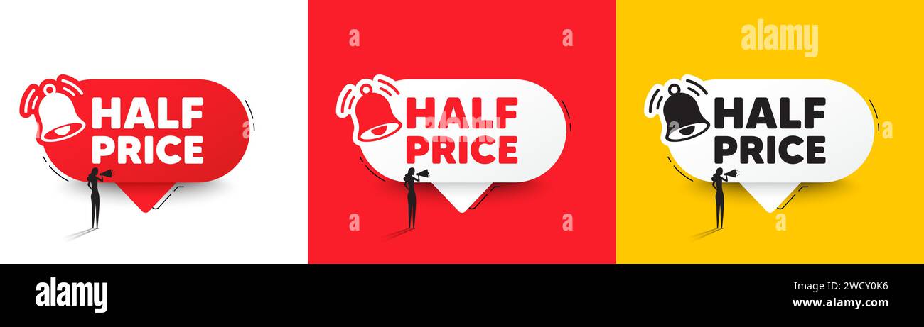 Half Price tag. Special offer sale sign. Speech bubbles with bell ...