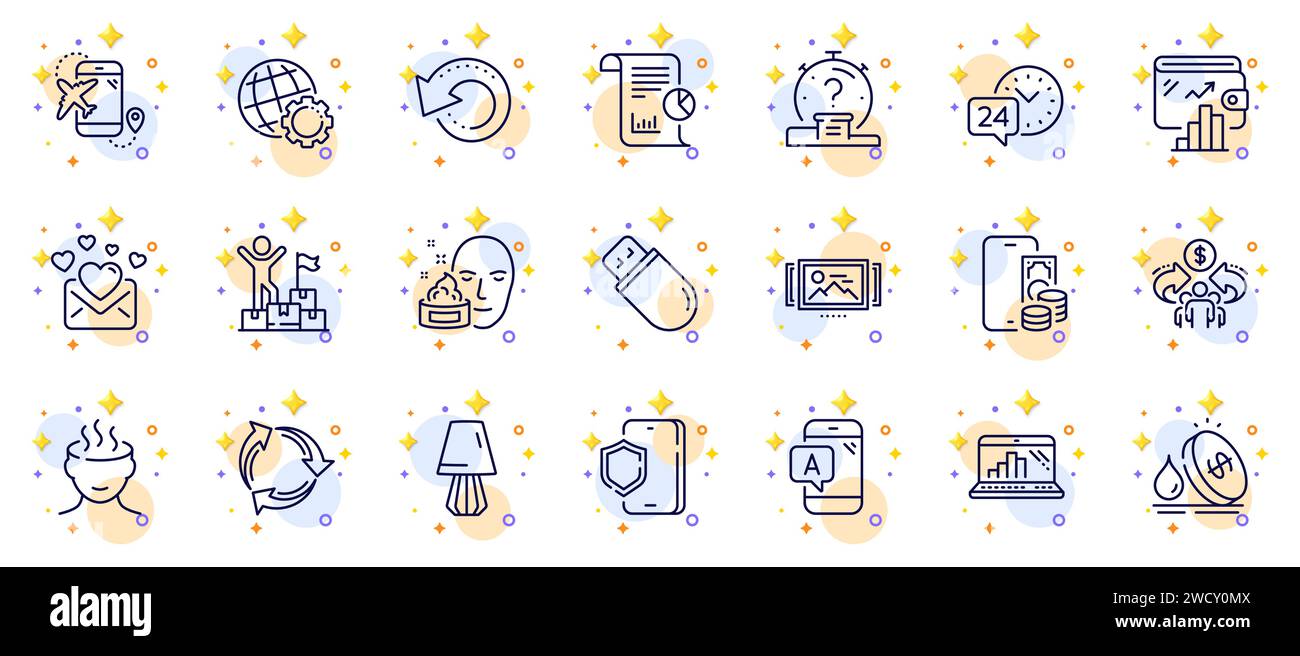 Outline set of Flight destination, Recycle and Face cream line icons for web app. Pictogram icon ...