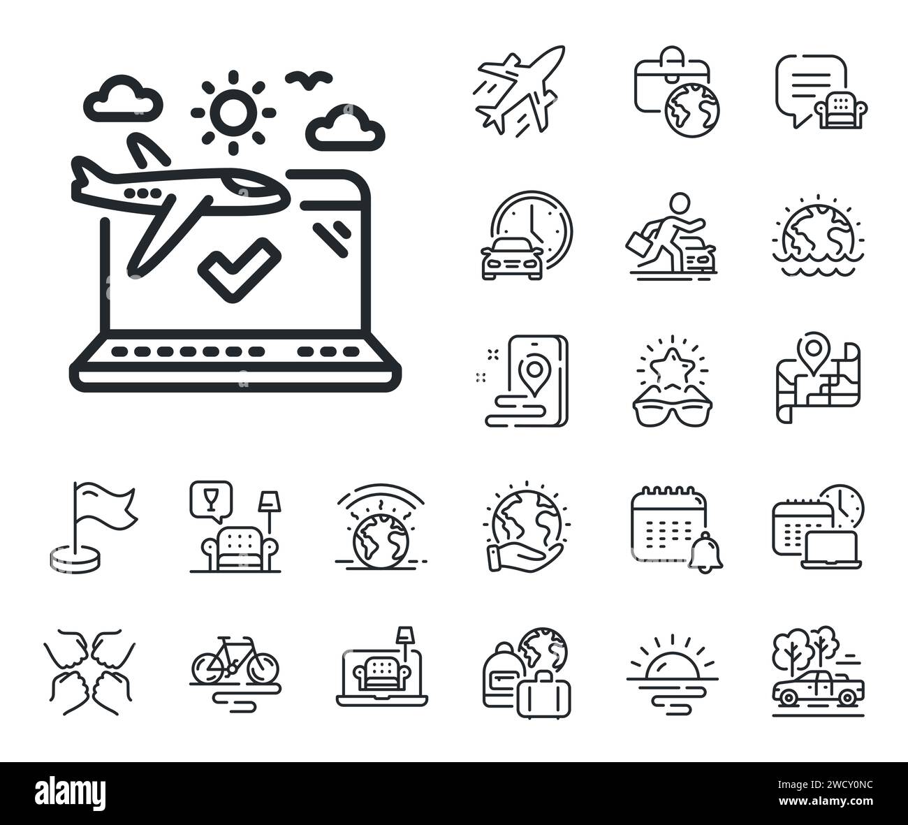 Airplane travel line icon. Check in trip sign. Plane jet, travel map ...
