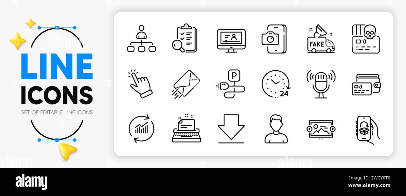 Phone photo, Delivery app and Typewriter line icons. For web app ...