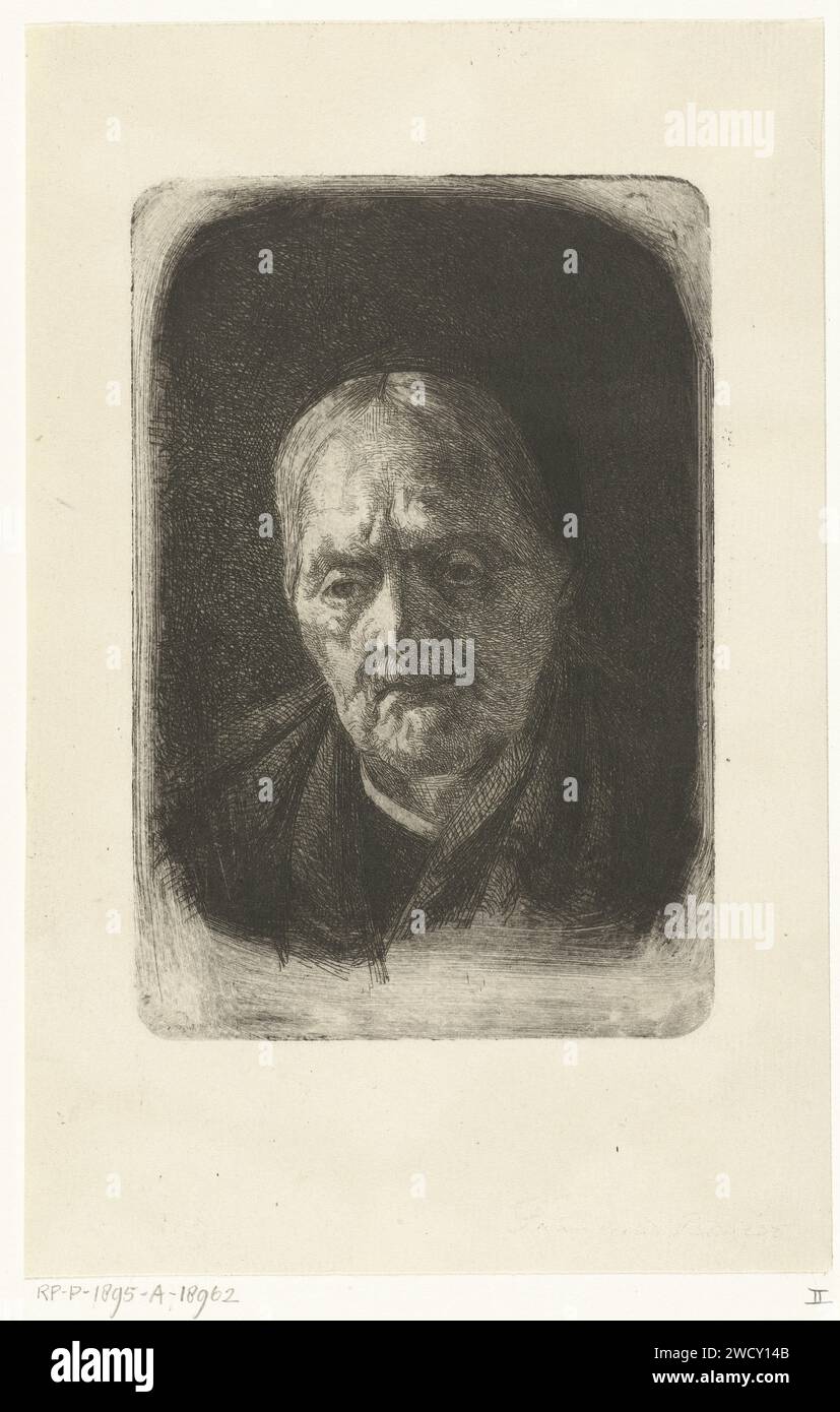 Head of old woman with a black cap and canvas around her shoulders ...