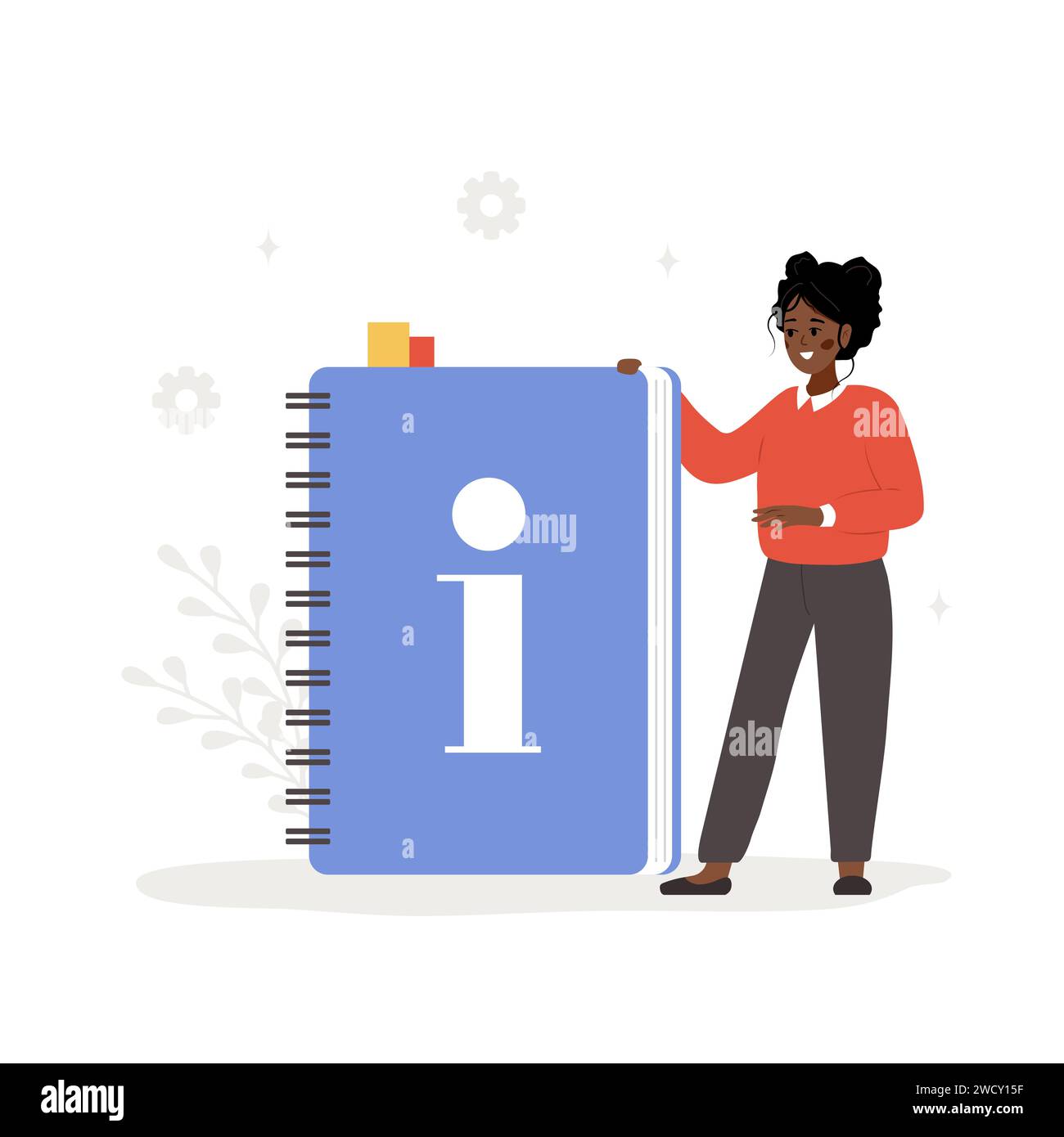 User manual concept. African female character with huge guidebook ...