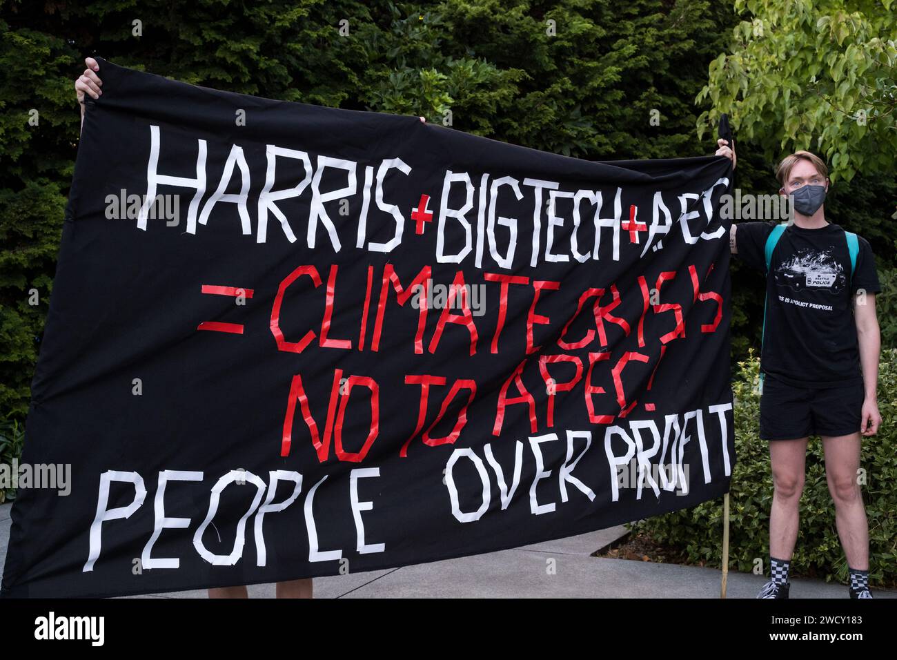 Seattle, USA. 15 Aug, 2023. A small APEC protest at the Seattle Center ...