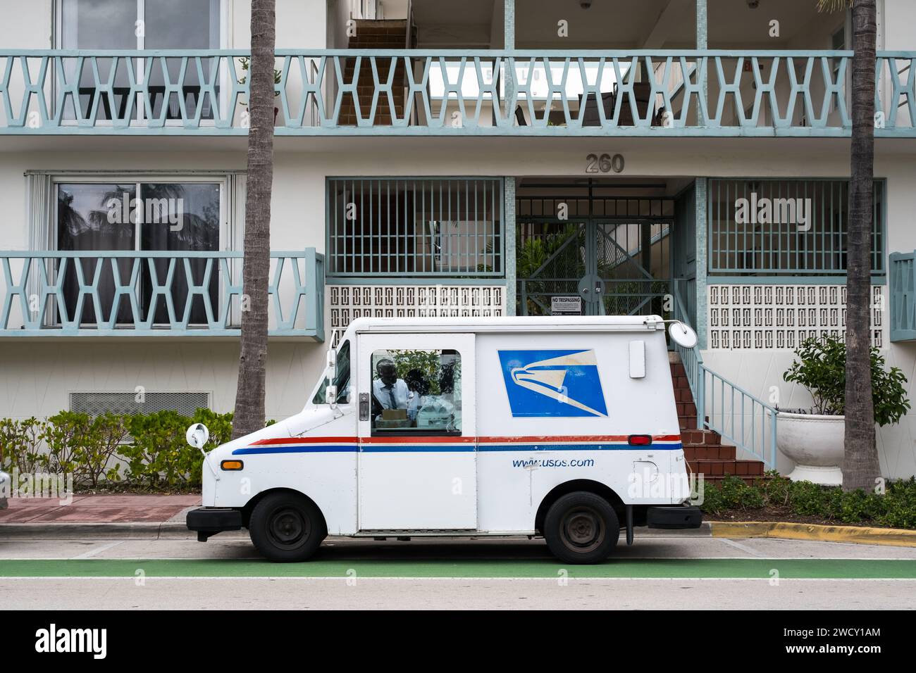 Miami, USA. 2 Nov, 2023. South Beach USPS mail delivery on Ocean Drive ...