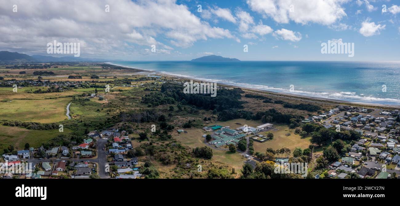 An aerial view of the Kapiti region of New Zealand taken from Otaki ...