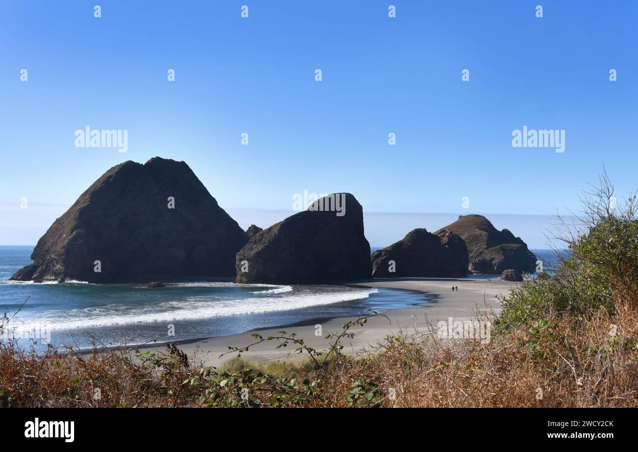 Sunny skies and blue ocean surround the large sea stacks along Myers ...