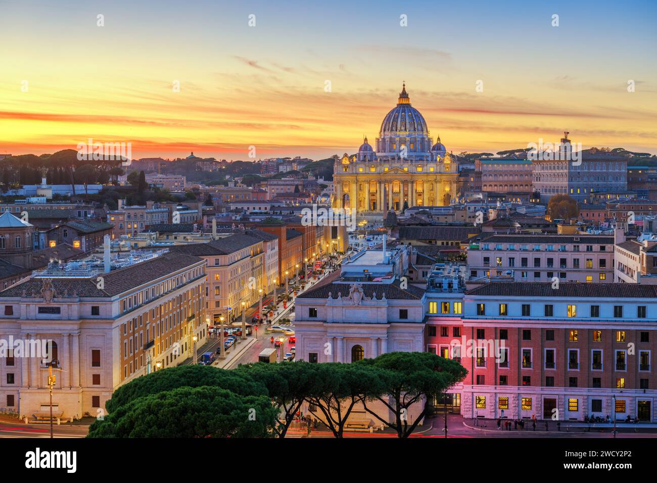 Vatican City skyline with St. Peter's Basilica during sunset Stock ...