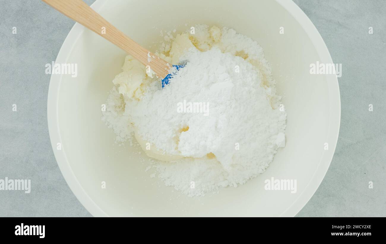 Cream cheese whipped cream recipe. Mixing cream cheese, sugar powder ...