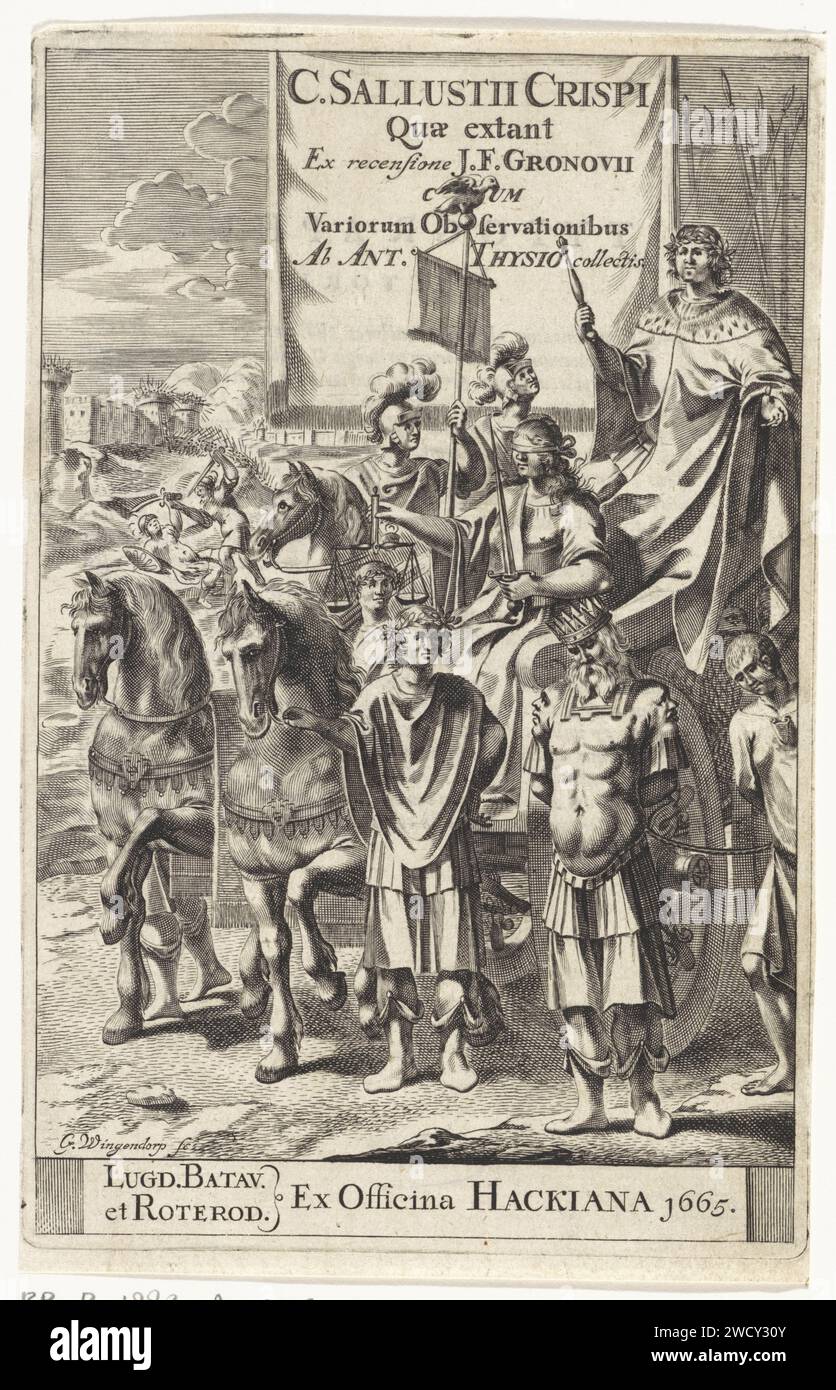 Roman ruler and Justitia on a chariot, G. Wingendorp, 1665 print A ...