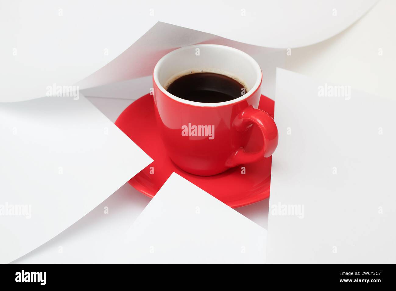 Red Cup Of Coffee In The Office Papers. Concept Of Busy And Swamped ...