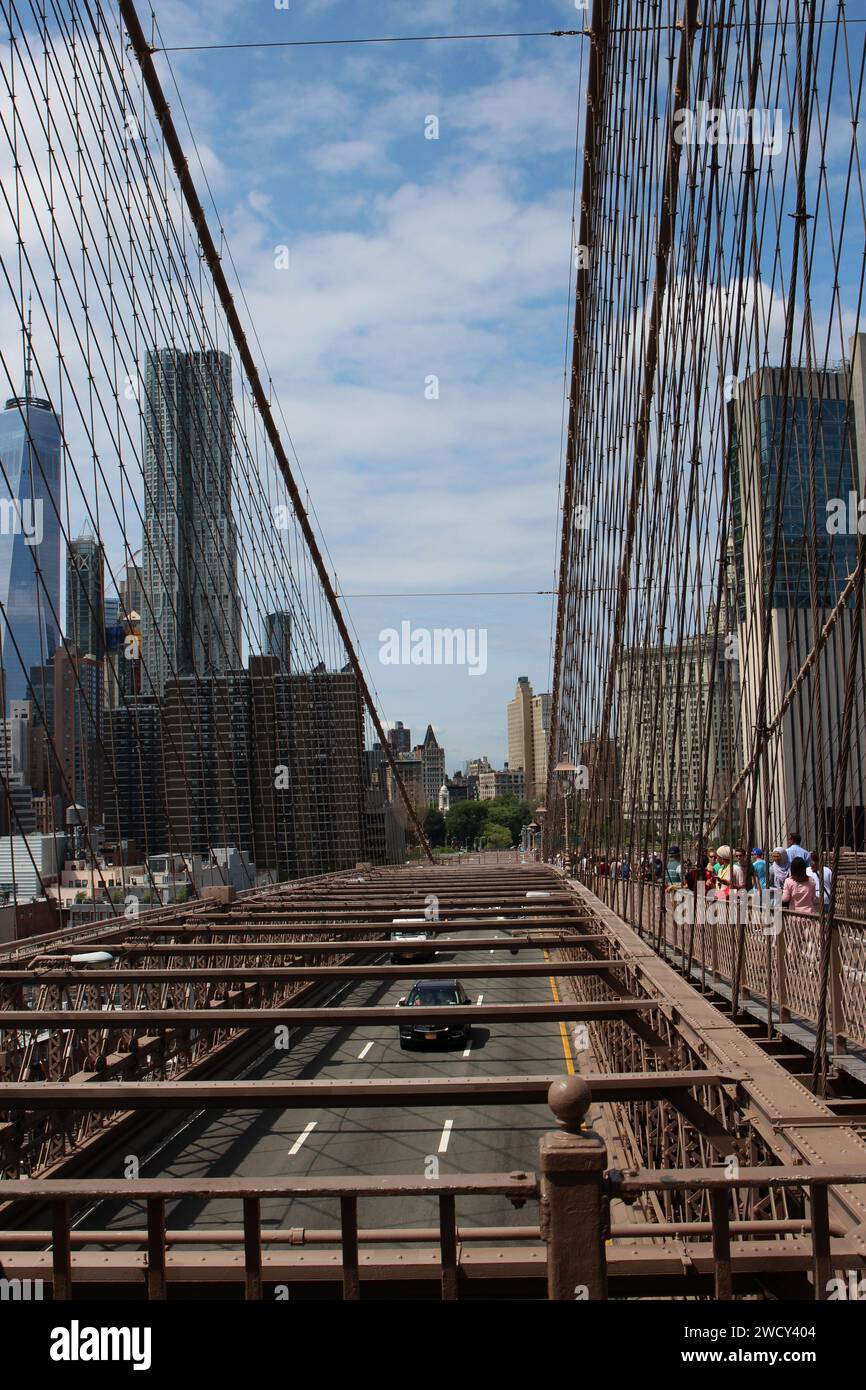 Looking down between the main cables and suspender cables attaching to ...