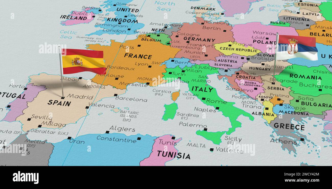 Spain and Serbia - pin flags on political map - 3D illustration Stock ...