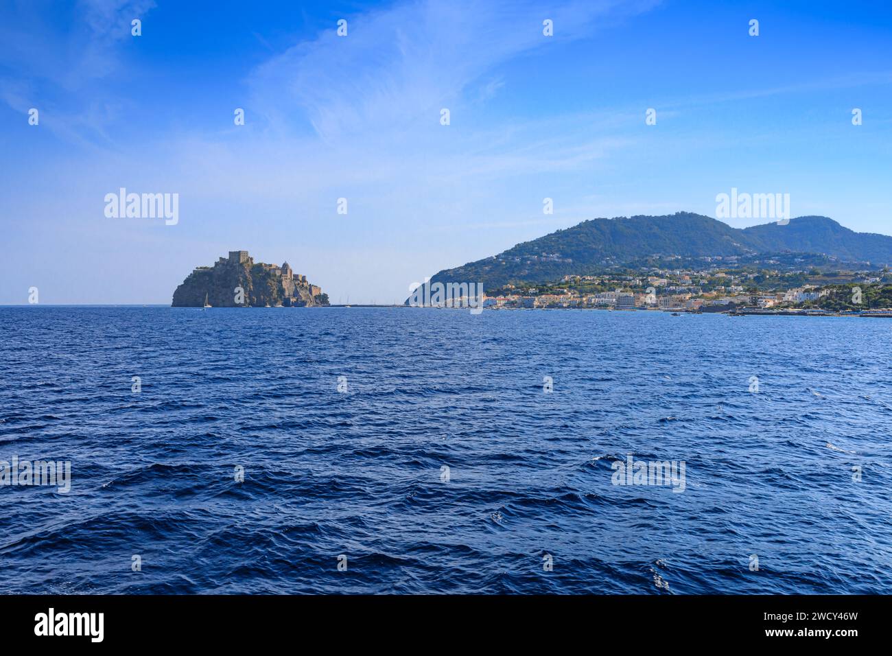 Iconic view of Ischia Island in Italy. Townscape of Ischia Ponte from ...