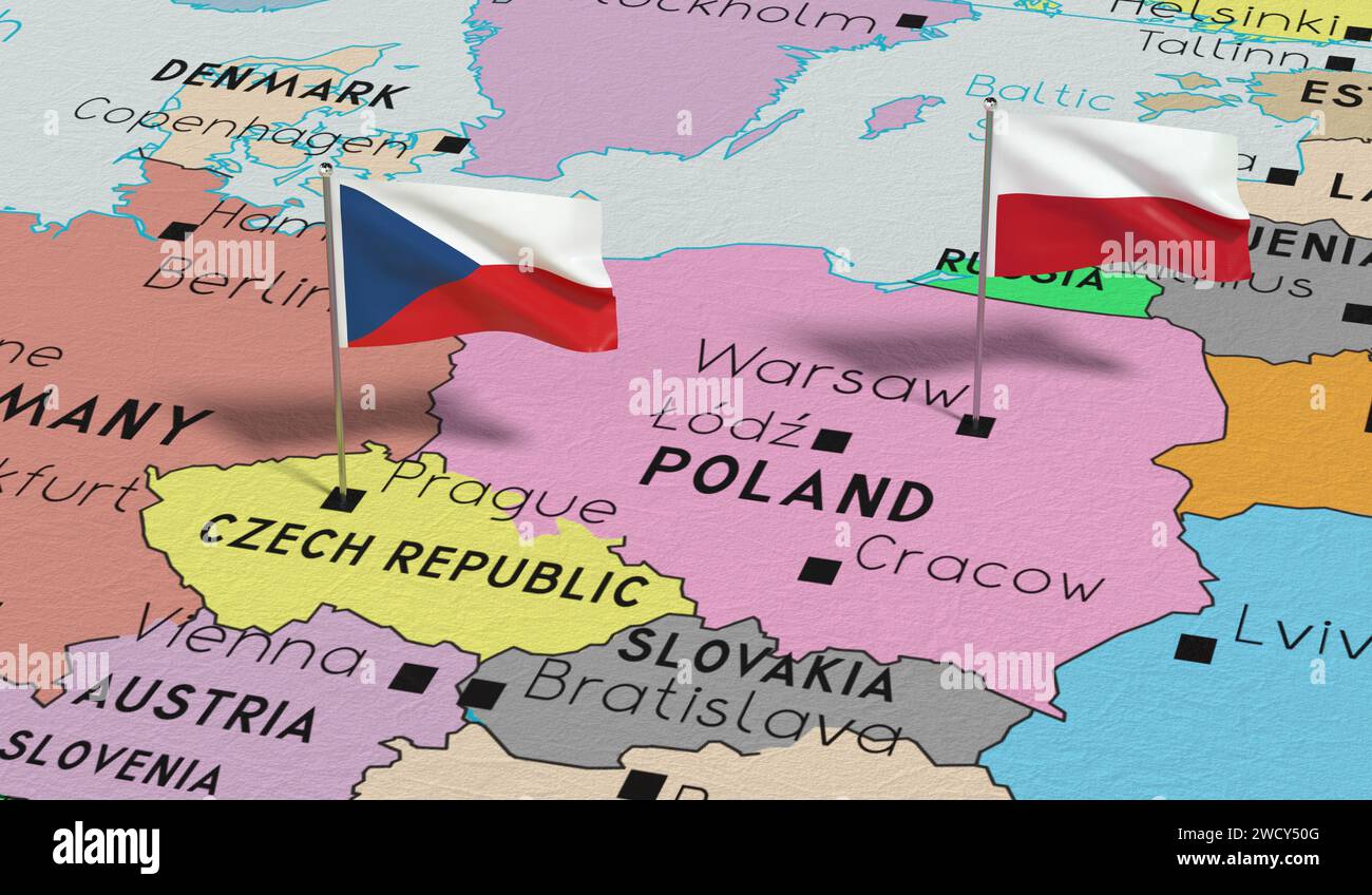 Poland and Czech Republic - pin flags on political map - 3D ...