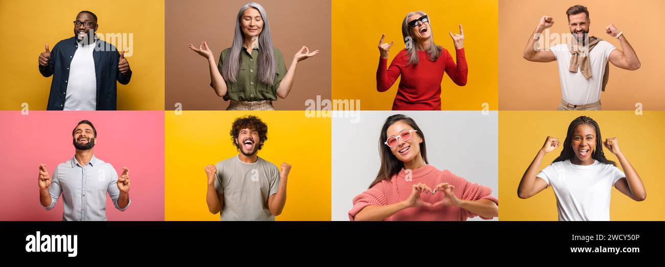 Collage with group of individuals display gestures of success and ...