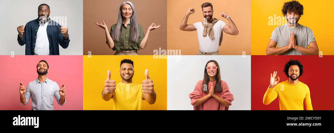 The set features eight individuals, each showing positive gestures such ...