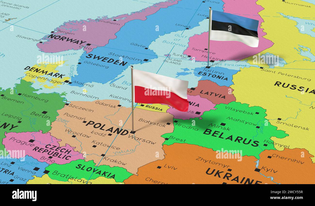 Poland and Estonia - pin flags on political map - 3D illustration Stock ...