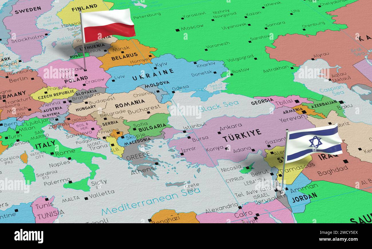 Poland and Israel - pin flags on political map - 3D illustration Stock ...