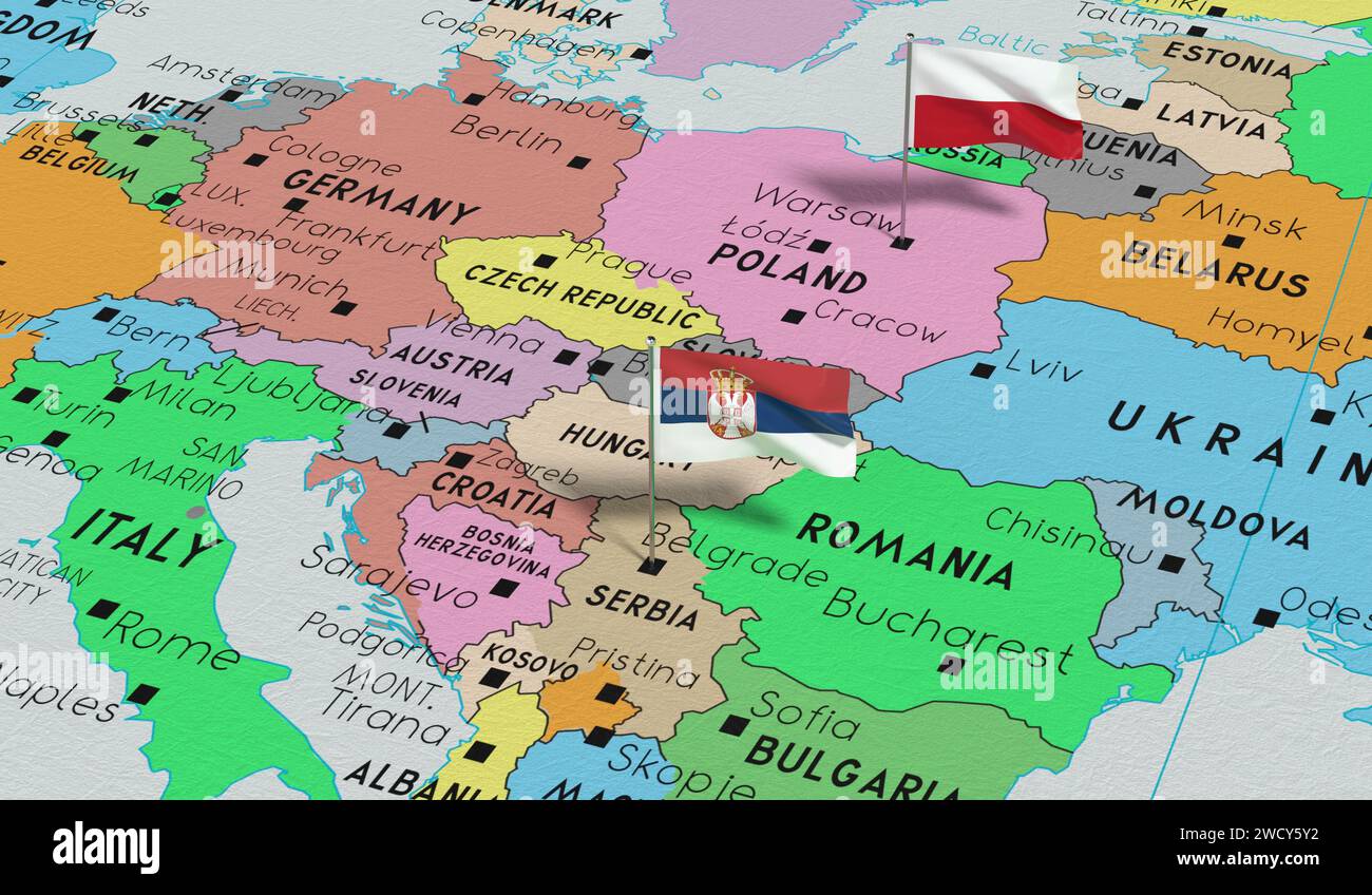 Poland and Serbia - pin flags on political map - 3D illustration Stock ...