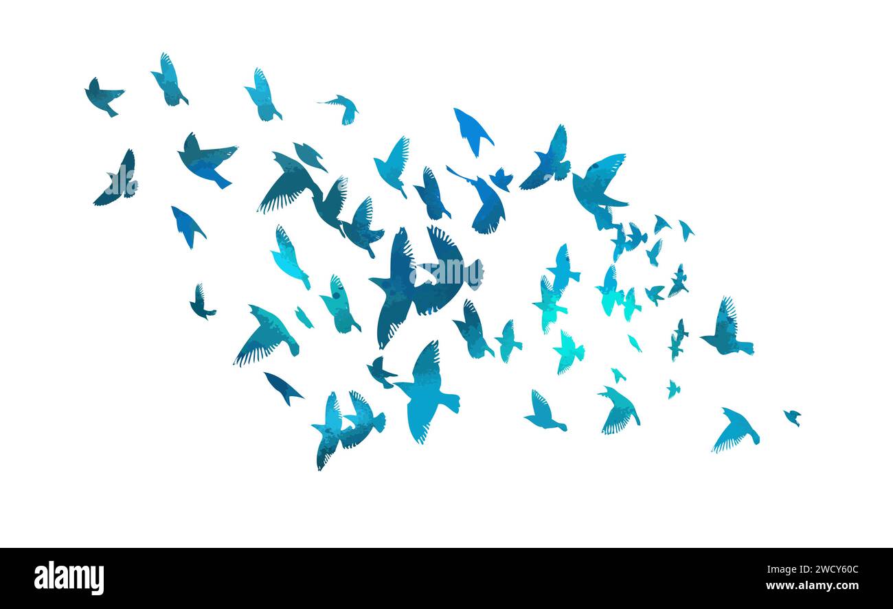 A flock of blue watercolor flying birds. Free birds abstraction. hand ...