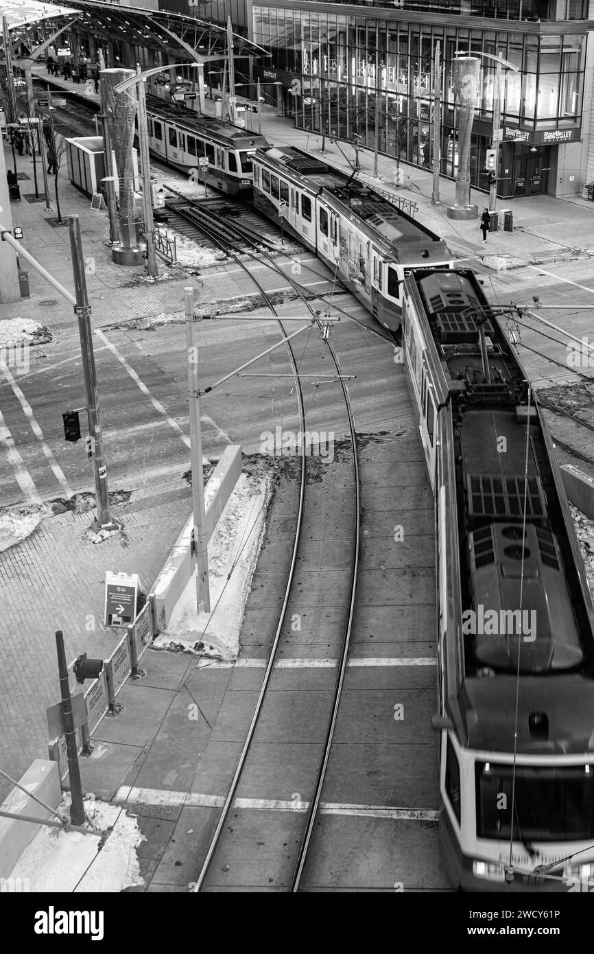black and white image of the light rail transit and tracks, corner of 7 Ave and 3 St SE, Calgary ...