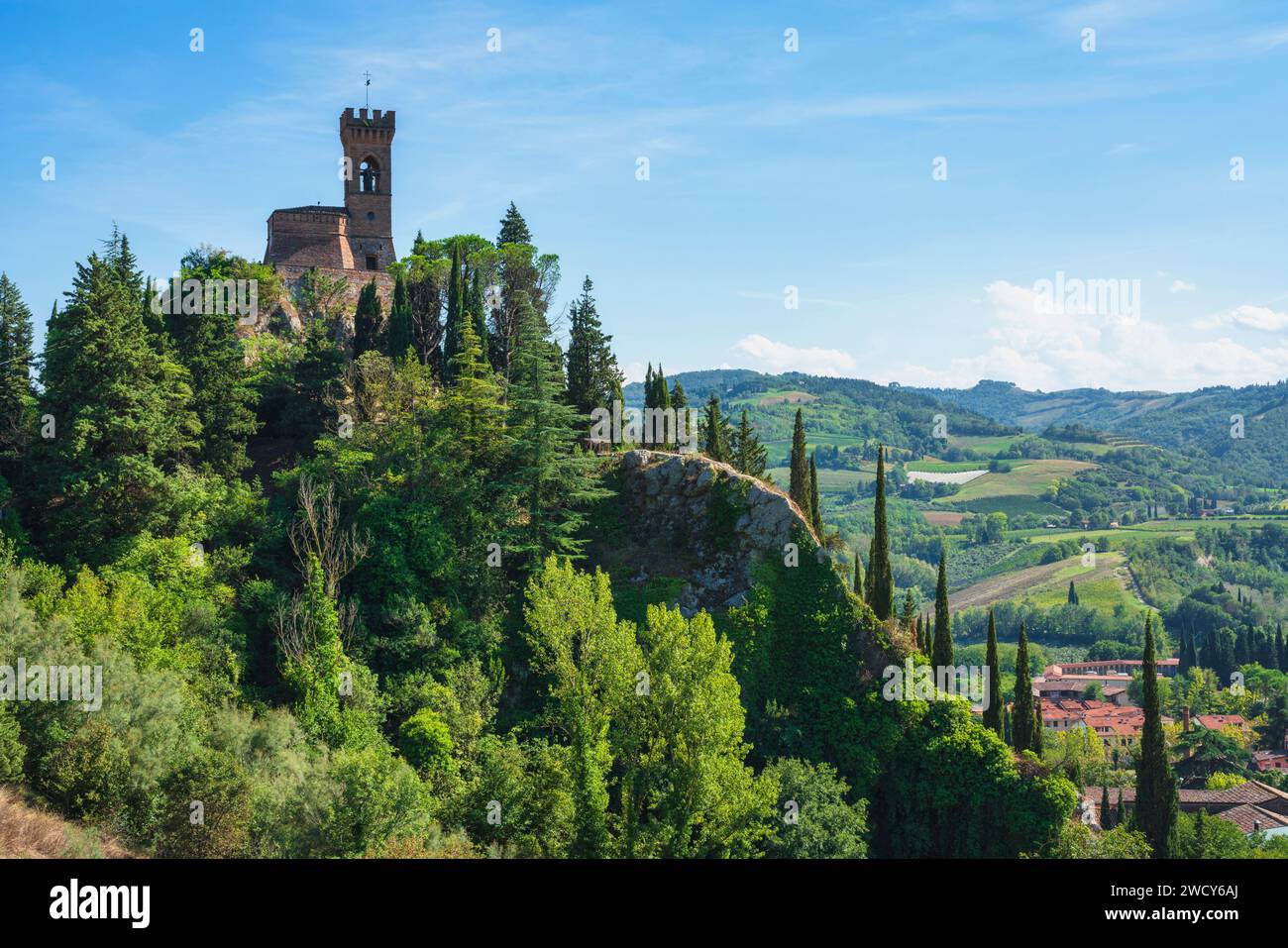 Brisighella historic clock tower on the cliff. This 1800s architecture ...