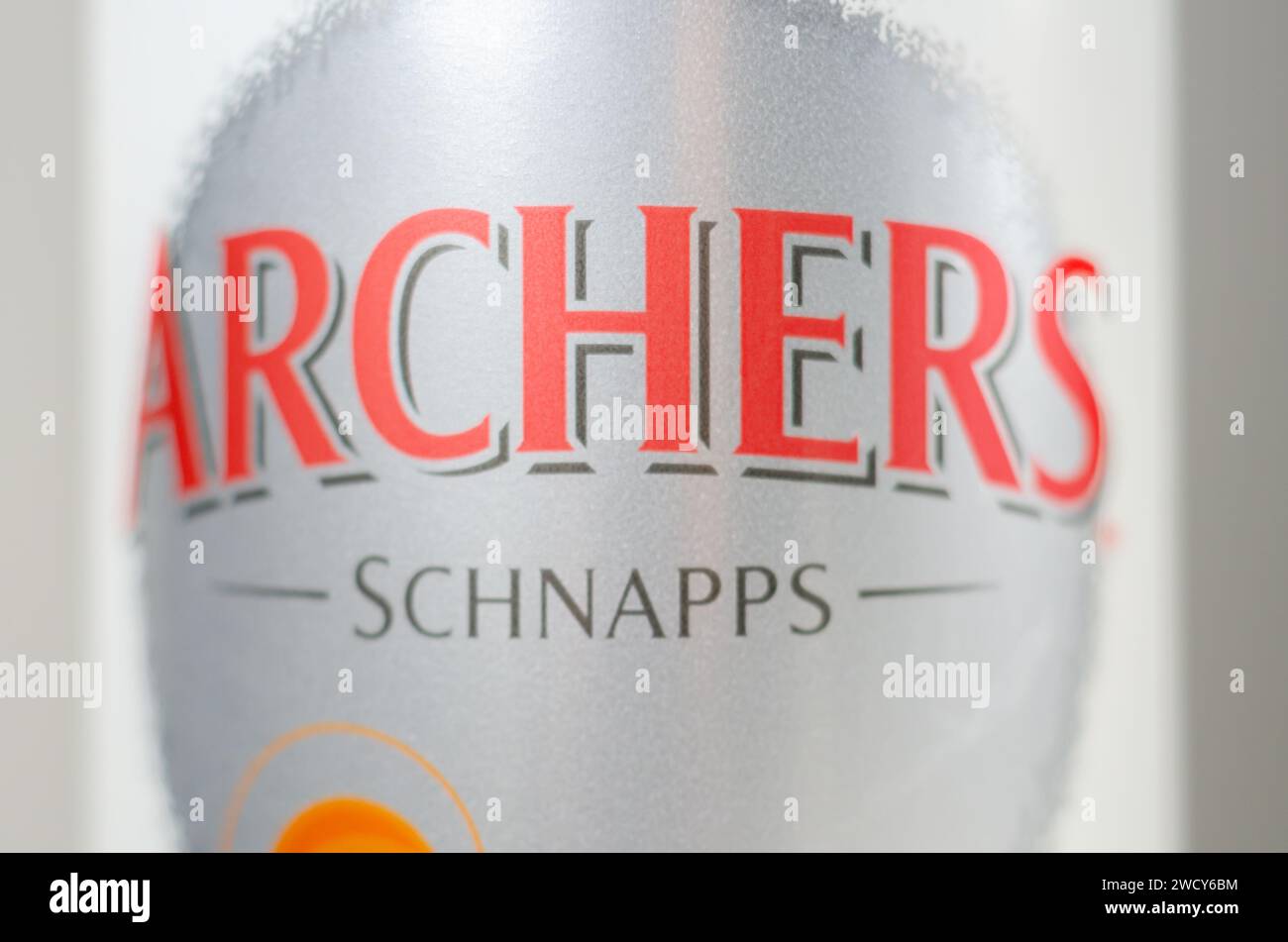 LONDON, UK - 16 JANUARY 2024 Archers Peach Schnapps Peach Liqueur has ...