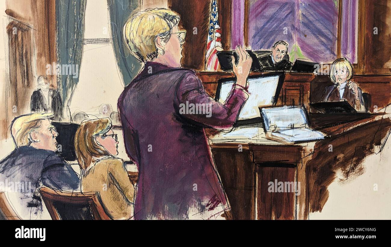 In this courtroom sketch, E. Jean Carroll, right, is questioned by her ...
