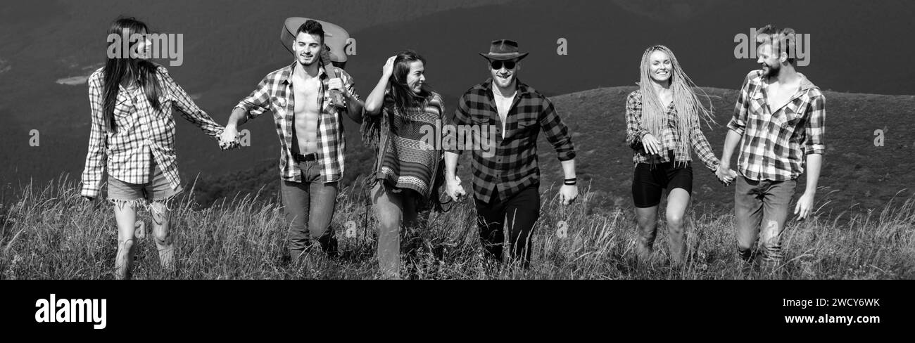 Group people in a hike through the mountains. Friends on a camping trip ...