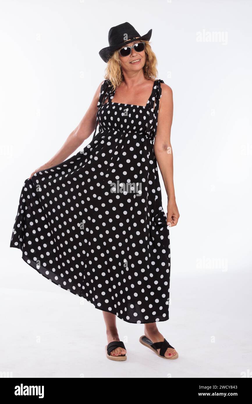 photo session model over 60 on white background Stock Photo - Alamy