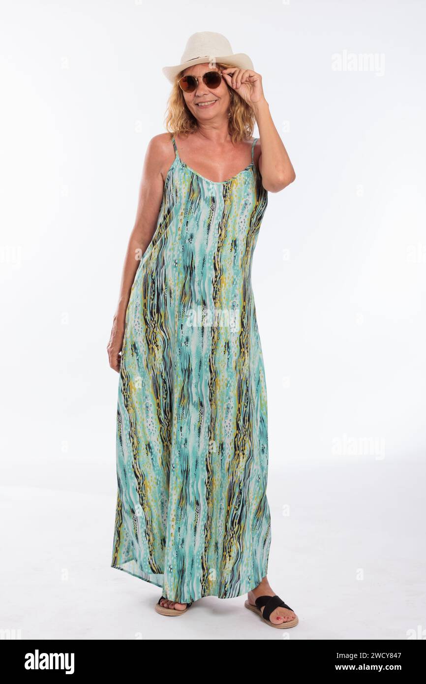 photo session model over 60 on white background Stock Photo - Alamy