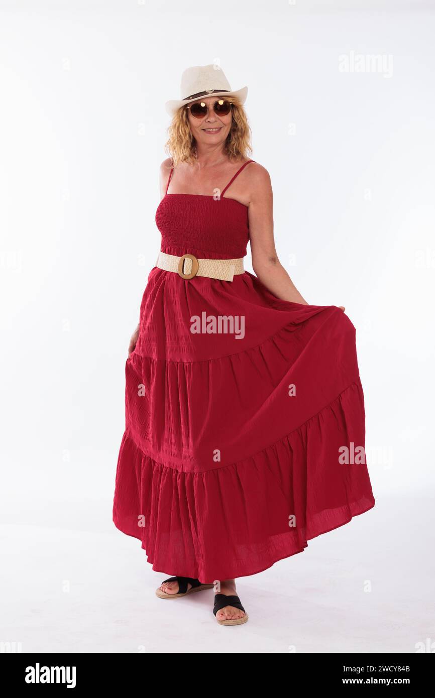 photo session model over 60 on white background Stock Photo - Alamy