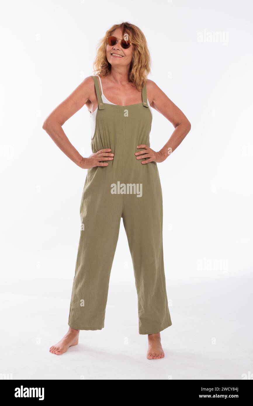 photo session model over 60 on white background Stock Photo - Alamy