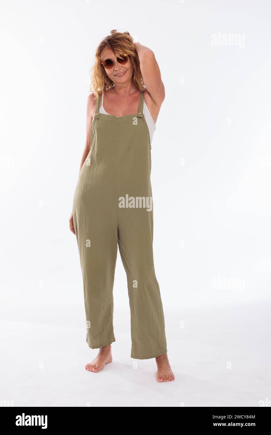 photo session model over 60 on white background Stock Photo - Alamy